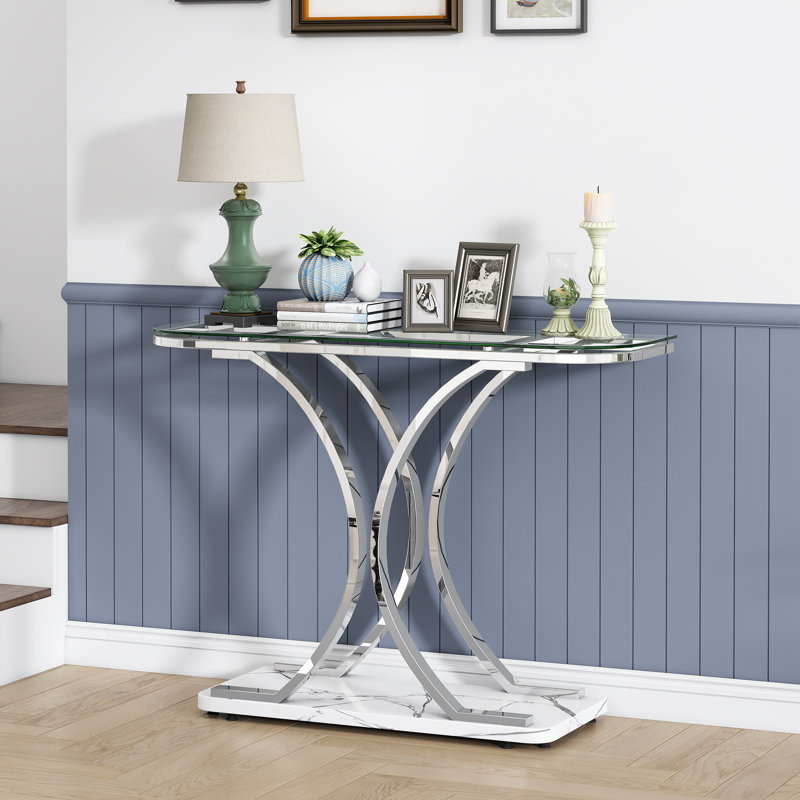 Willa Arlo Interiors Balsam Tempered Glass Console Table with Geometric Base Modern Entryway Table for Living Room Hallway Reviews Wayfair